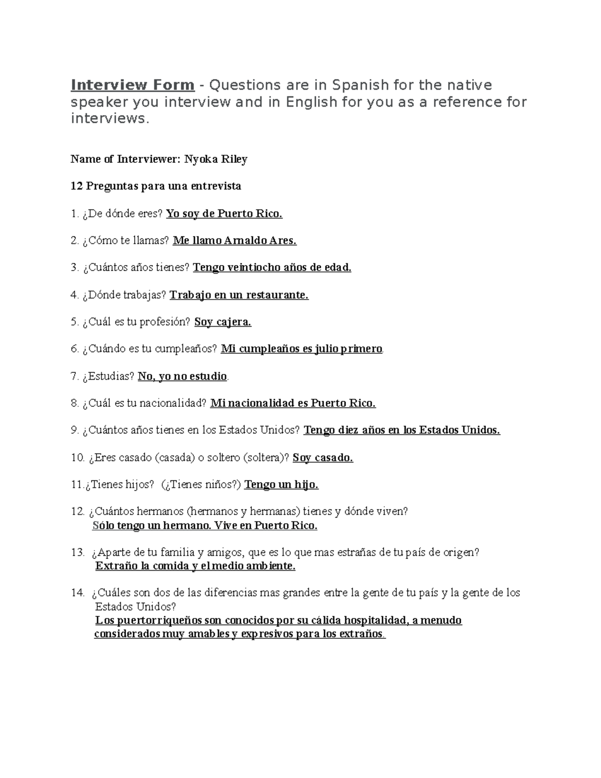 Interview Form 2 - Homework - Interview Form - Questions are in Spanish ...