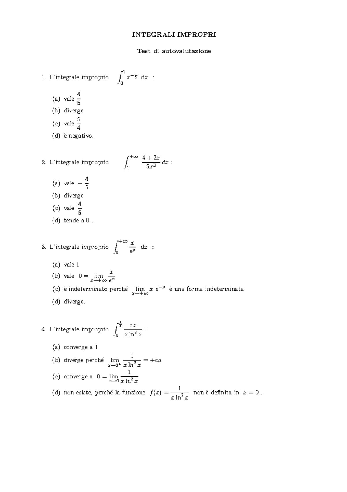 Esercizitazione Analisi Matematica I - Integrali Impropri - a.a. 2015/2016 - INTEGRALI IMPROPRI ...