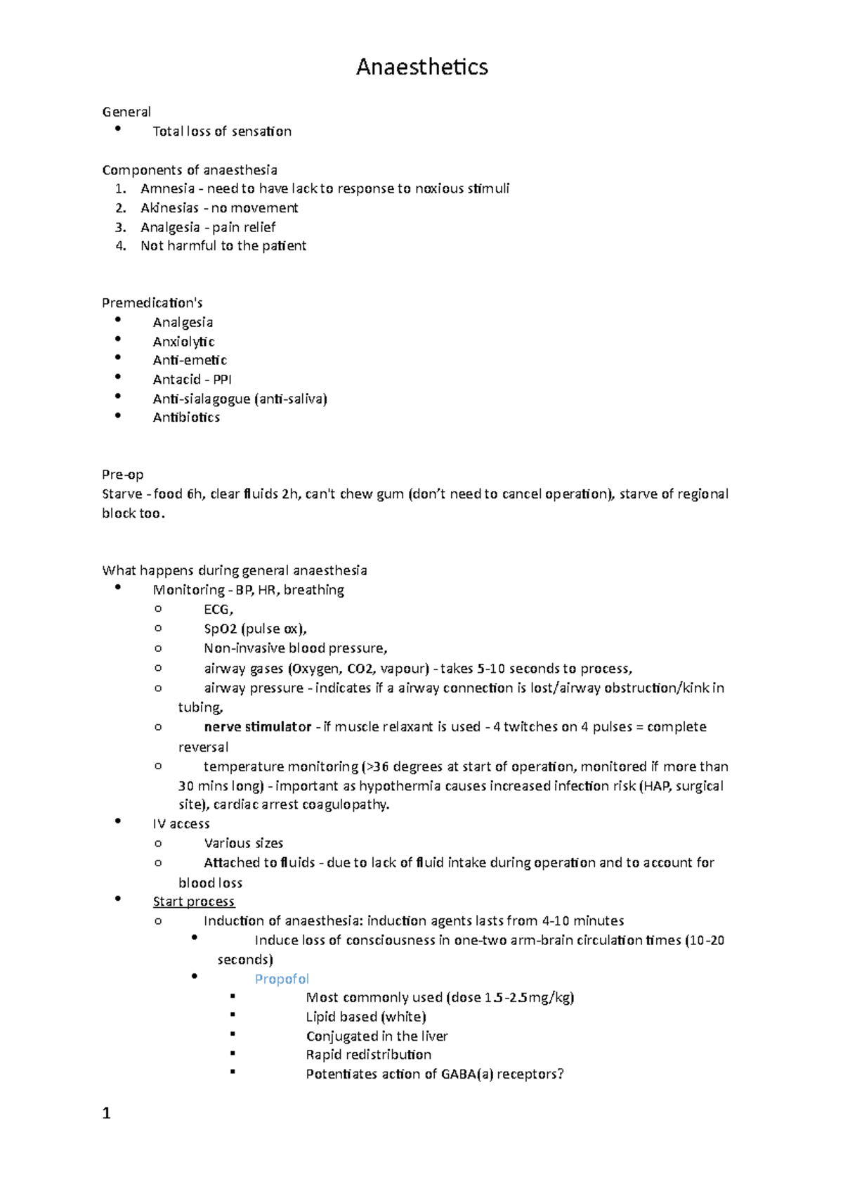 Anaesthetics - Lecture notes 7 - General Total loss of sensation ...