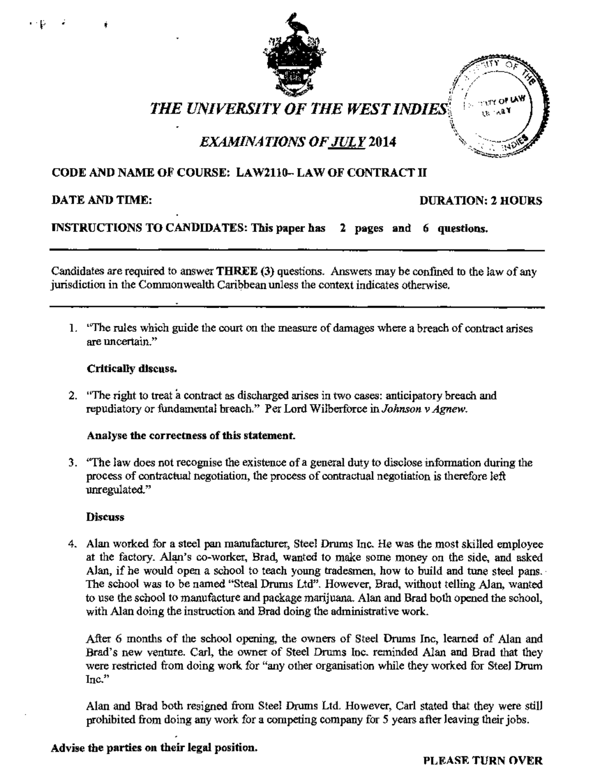 LAW21102014 30 - Past paper - Law of Contract II - Studocu