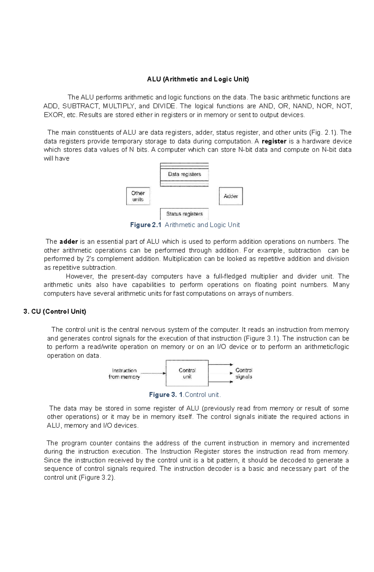 ALU (Arithmetic and Logic Unit) - The basic arithmetic functions are ...