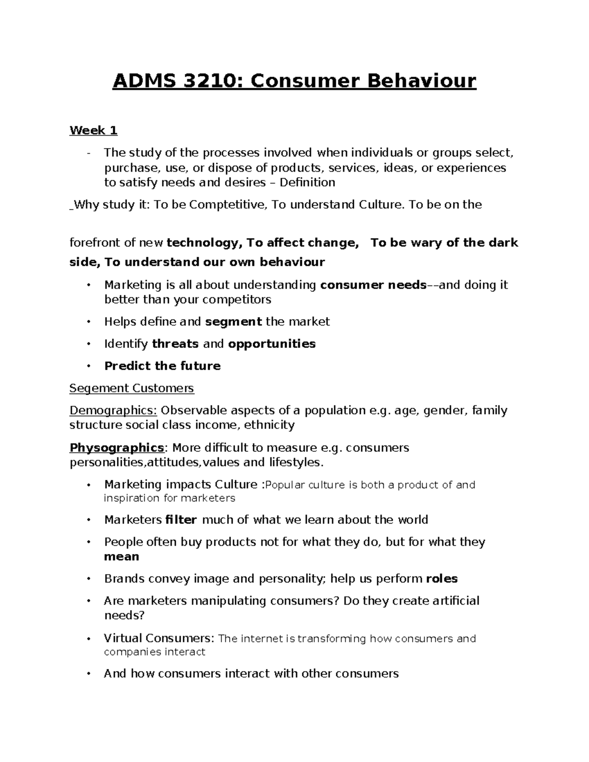 3220 Week 1 notes - note - ADMS 3210: Consumer Behaviour Week 1 - The ... 3220 Week 1 notes - note - ADMS 3210: Consumer Behaviour Week 1 - The ...