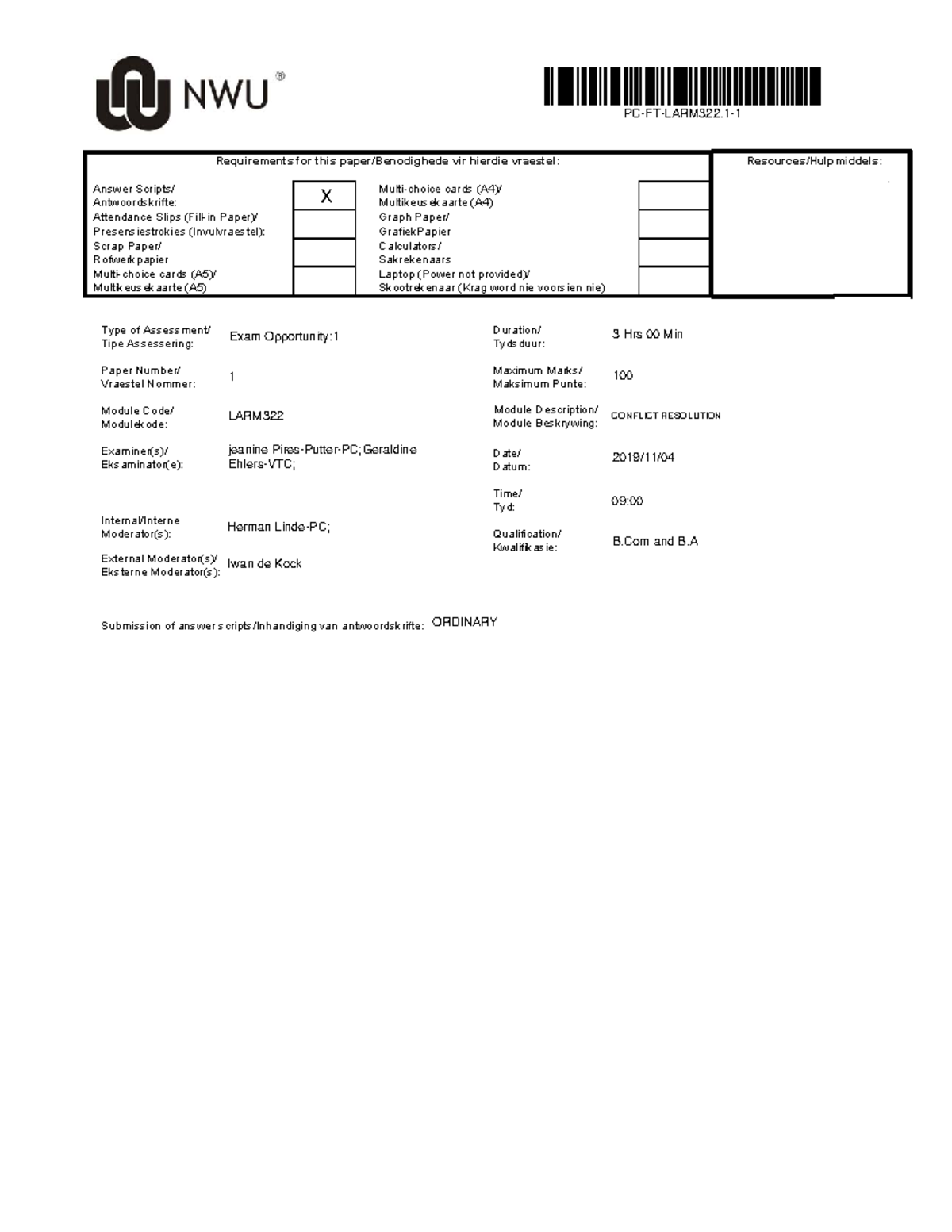Larm322 pcnov 2019 - Practice previous questions - Type of Assessment ...