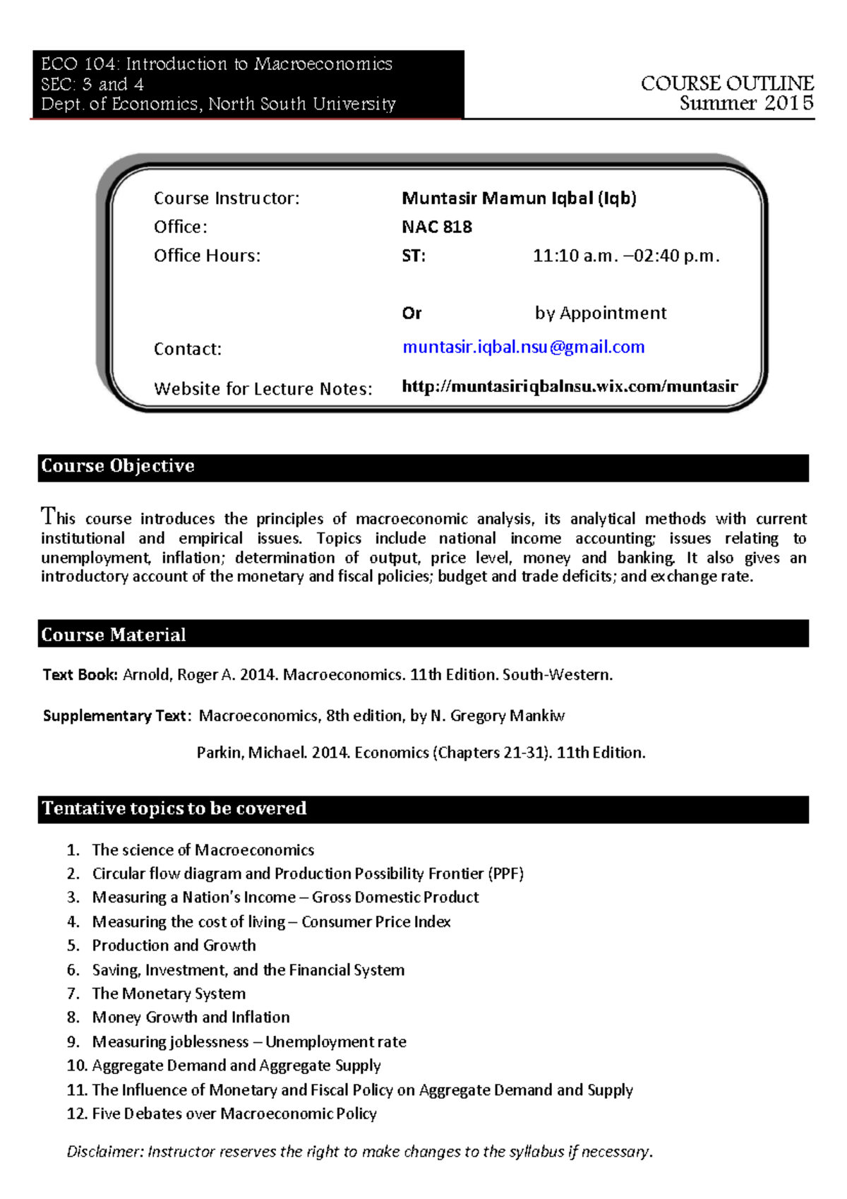 Course-Syllabi -ECO104 - ECO 104: Introduction to Macroeconomics SEC: 3 ...