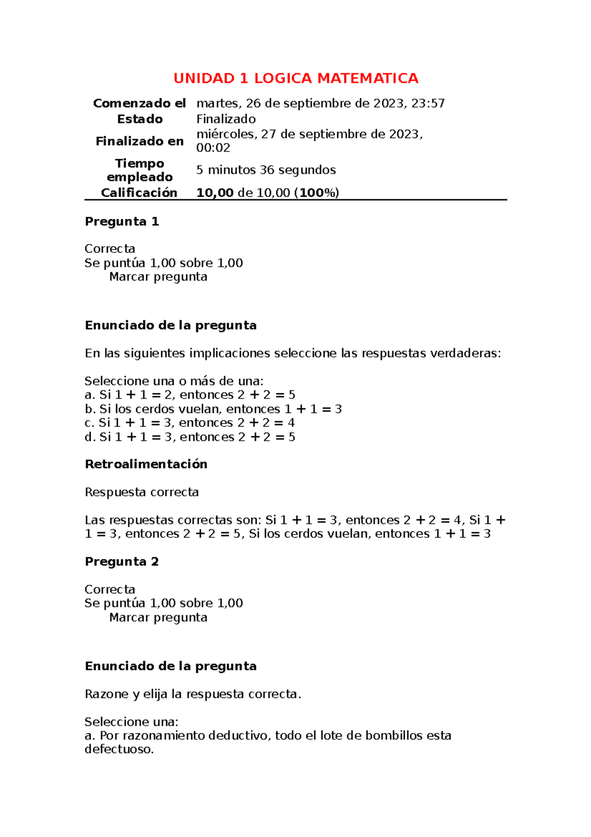 Logica Matematica - UNIDAD 1 LOGICA MATEMATICA Comenzado el martes, 26 ...