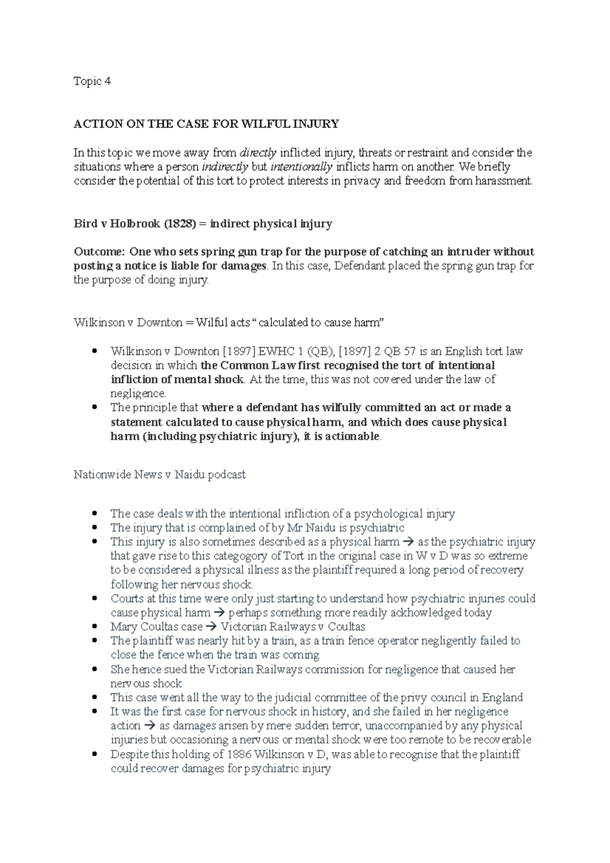 Topic 4 and 5 Torts - Topic 4 ACTION ON THE CASE FOR WILFUL INJURY In ...