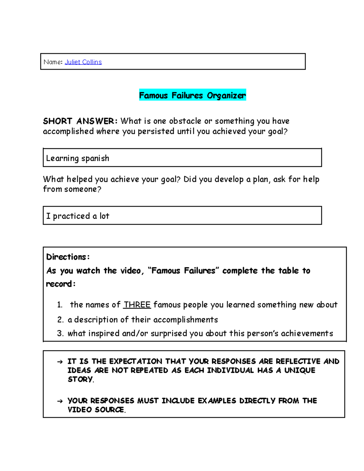 Famous Failures Organizer 2022-2 - Name: Juliet Collins Famous Failures ...