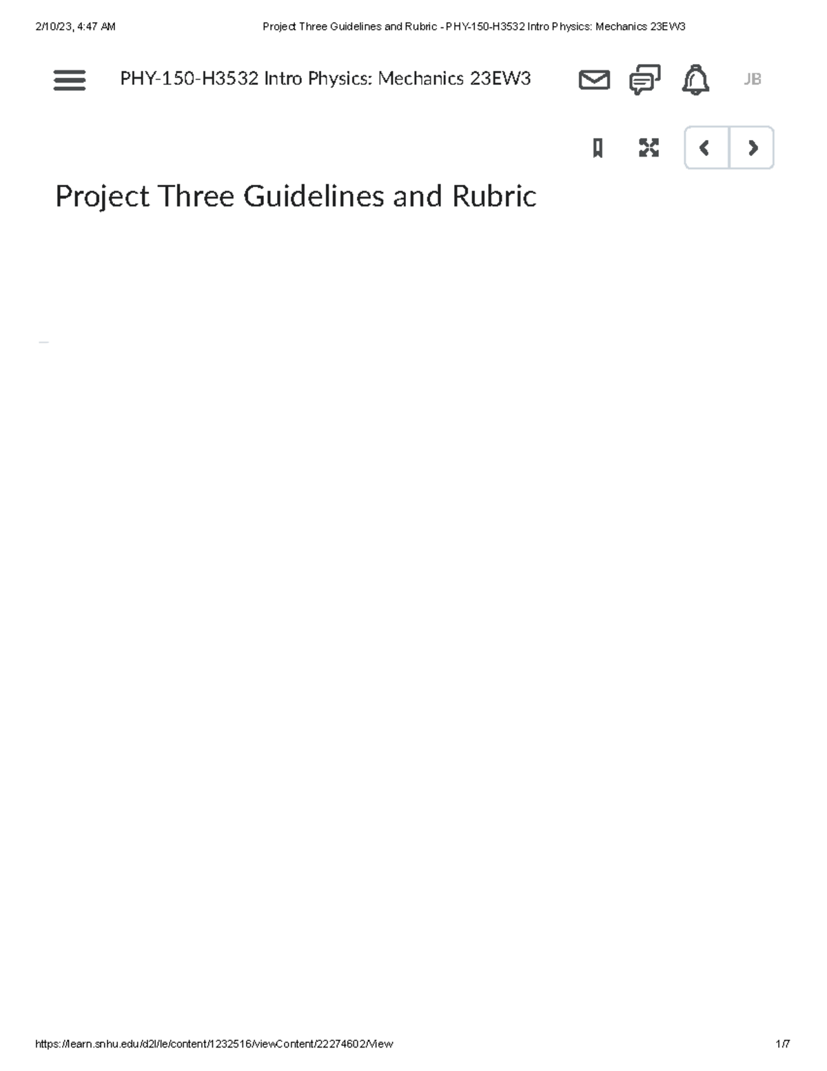 Project Three Guidelines and Rubric - PHY-150-H3532 Intro Physics Mechanics 23EW3 - Project ...