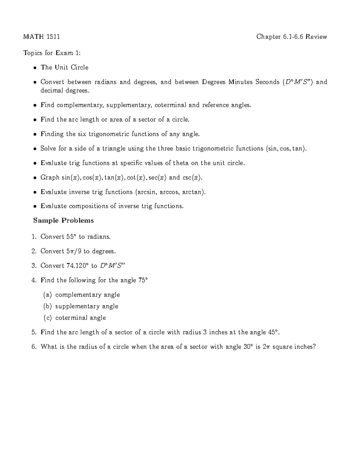 Chapter 6 Review - MATH 1511 Chapter 6.1-6 Review Topics for Exam 1 ...