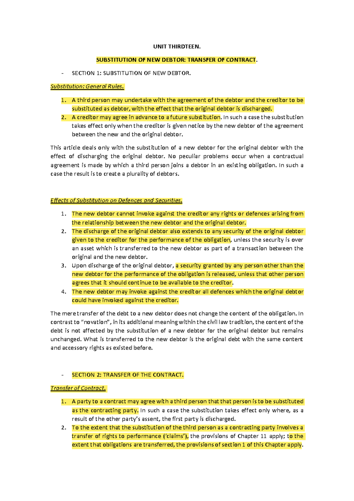 Unit 13. Substitution of new debtor. Transfer of contract - UNIT THIRDTEEN. SUBSTITUTION OF NEW ...