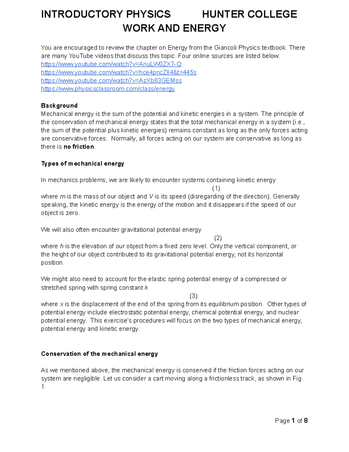 005 Energy FALL 2020 - INTRODUCTORY PHYSICS HUNTER COLLEGE WORK AND ...