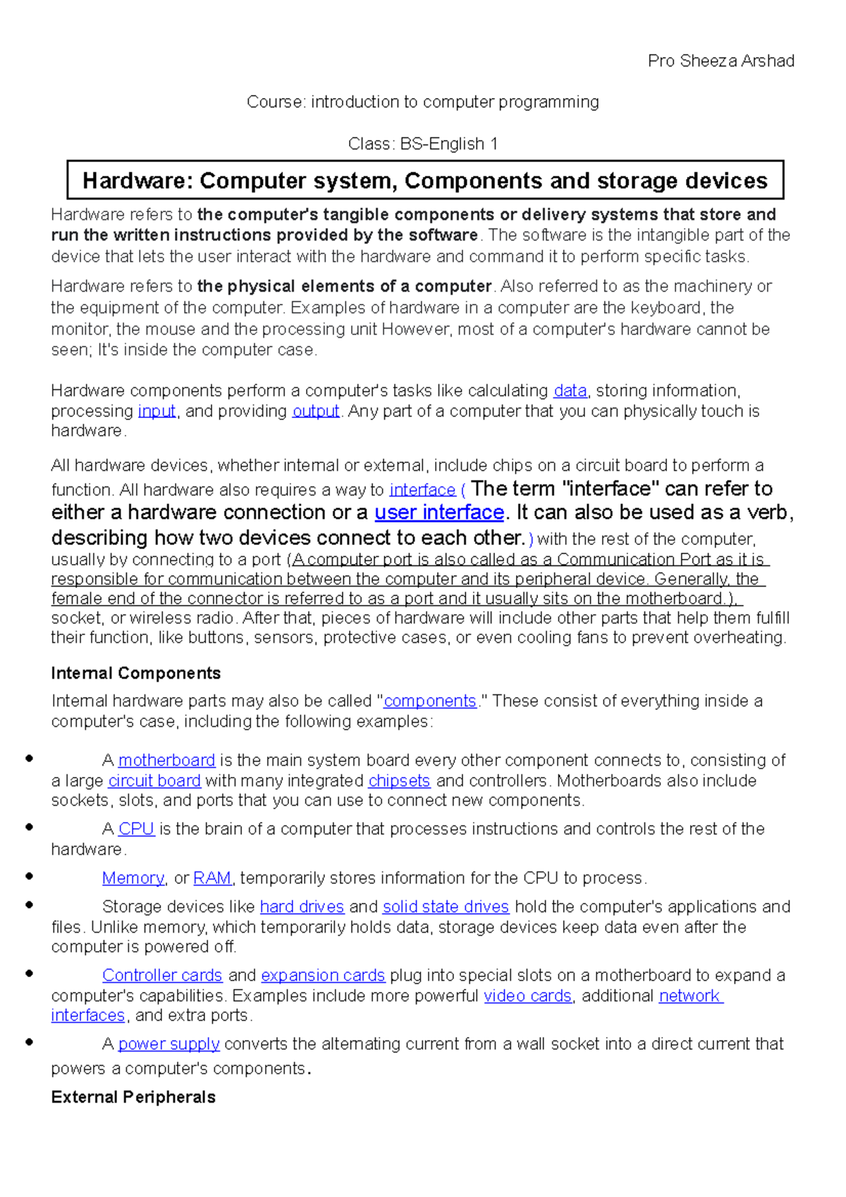 Introduction to computing application - Pro Sheeza Arshad Course ...