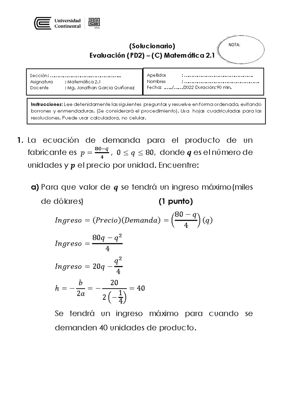 PD 2 (C) Mat2.1 2023-10 Solucionario - (Solucionario) EvaluaciÛn (PD2 ...