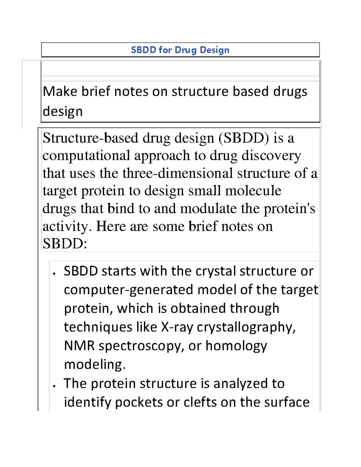 Sbdd 1-4 - Sbdd full notes - SBDD for Drug Design Make brief notes on ...