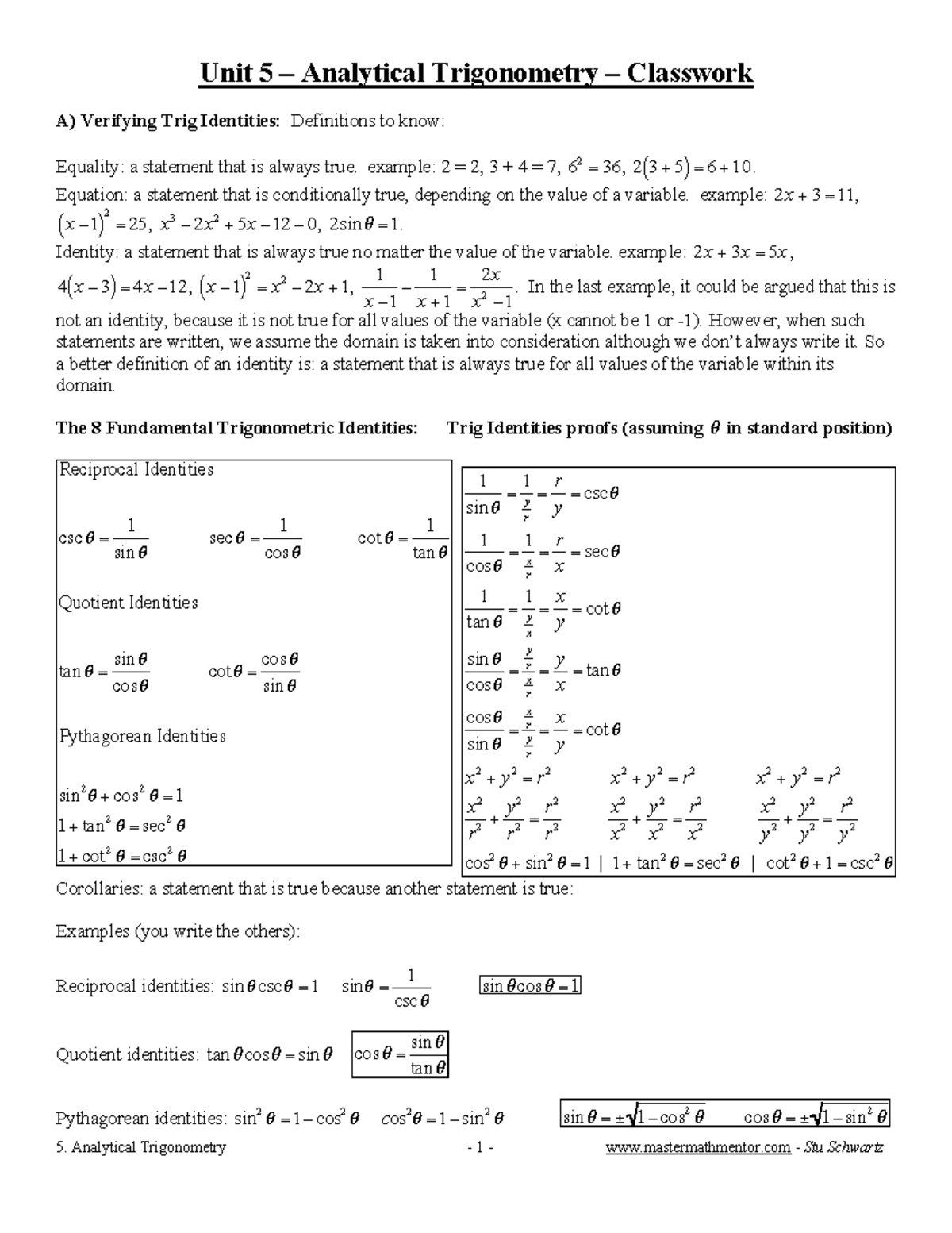 Pre Calc Unit 5 Homework - Analytical Trigonometry - 1 ...