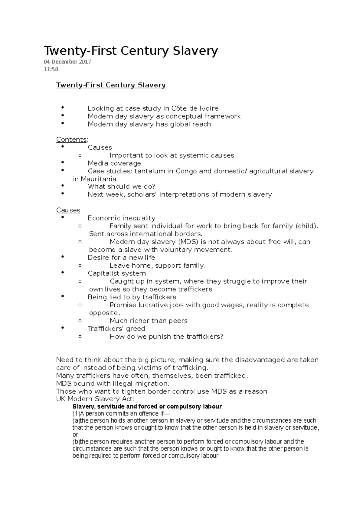 Slavery l 12 - Lecture notes - Twenty-First Century Slavery 04 December ...