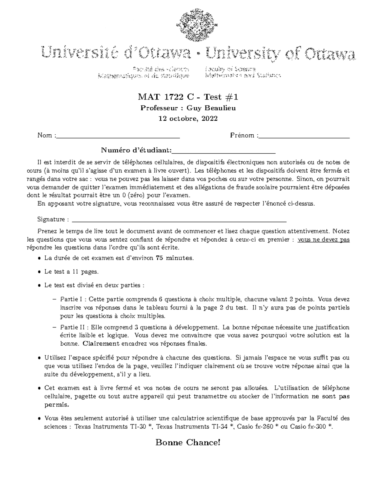 F2022-Mat1722-test1-A - avec solutions 1 - MAT 1722 C - Test ...