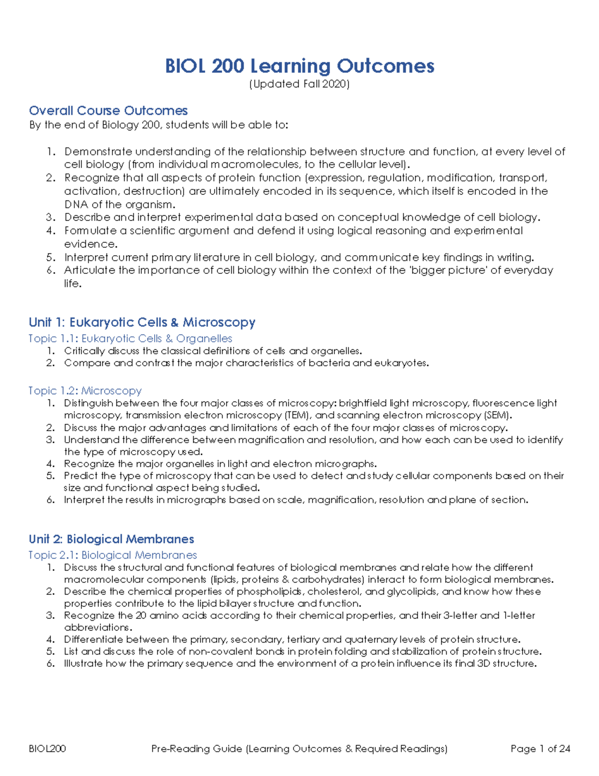 BIOL200 Learning Outcomes - BIOL 200 Learning Outcomes (Updated Fall 2020) Overall Course ...