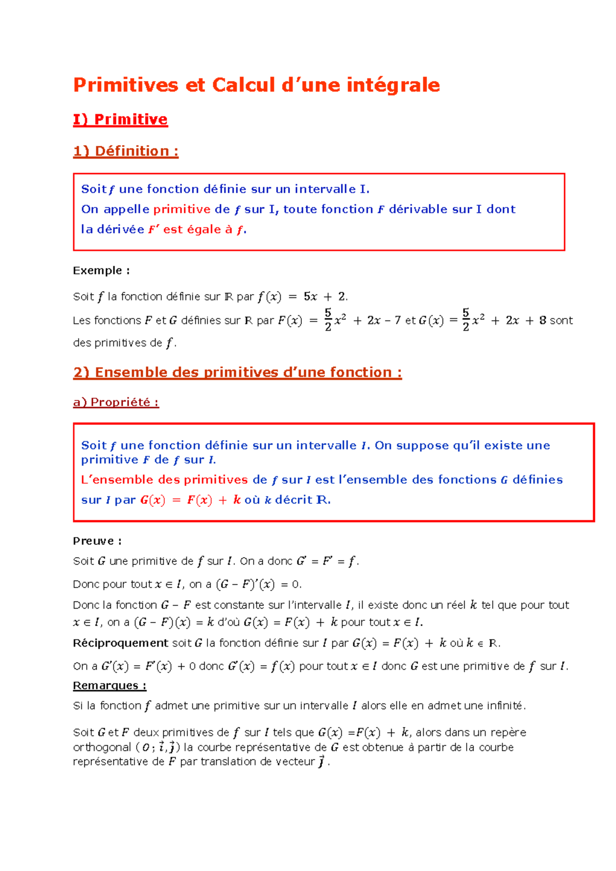 Term S Primitives calcul integrale - Primitives et Calcul d’une intégrale I) Primitive 1 ...
