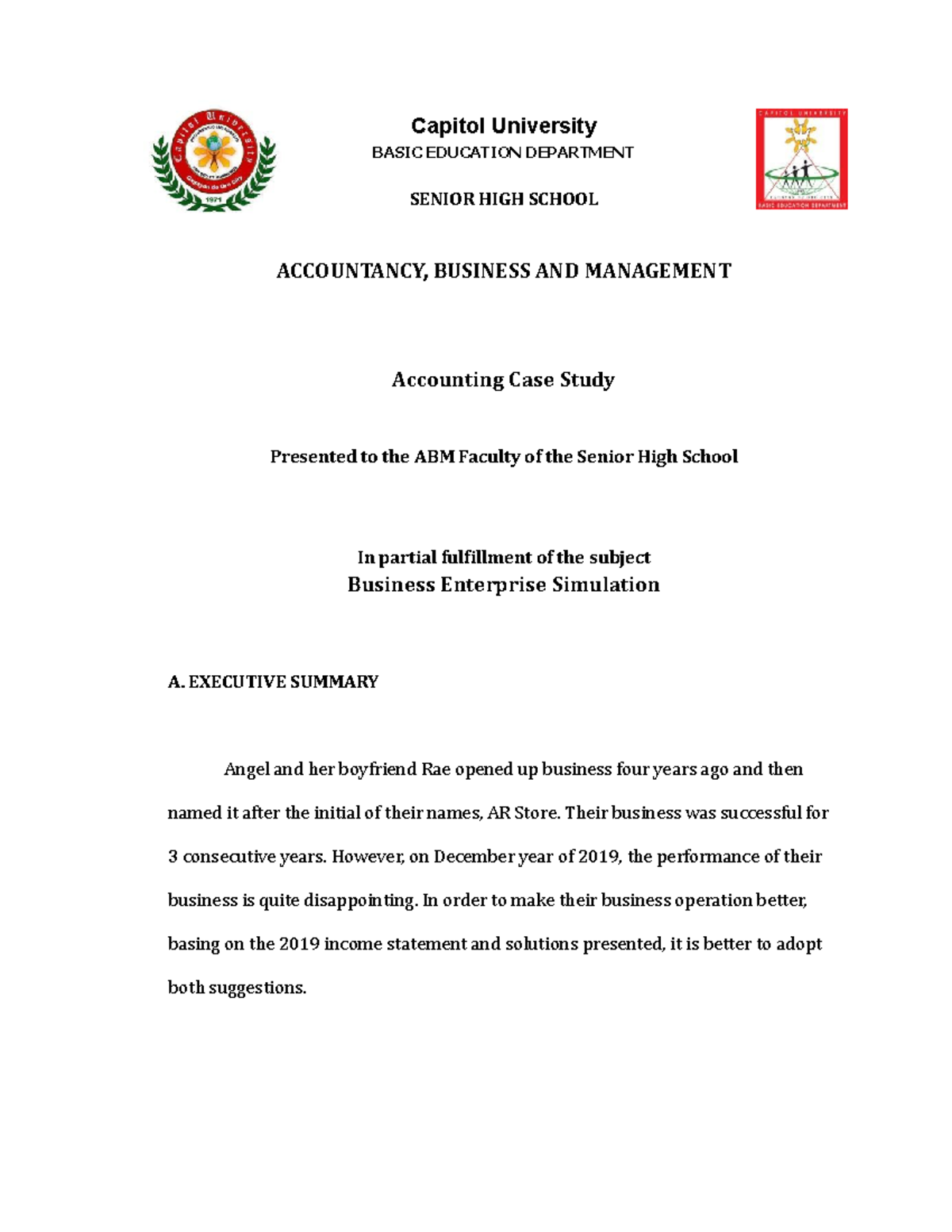 Accounting Case Study - Capitol University BASIC EDUCATION DEPARTMENT ...