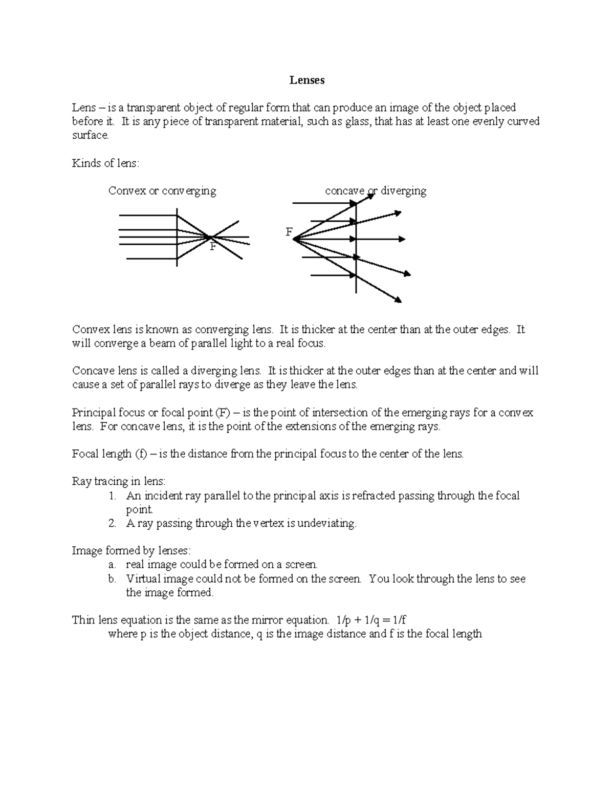 Notes on Lenses Summary Copy 3 - Lenses Lens – is a transparent object ...