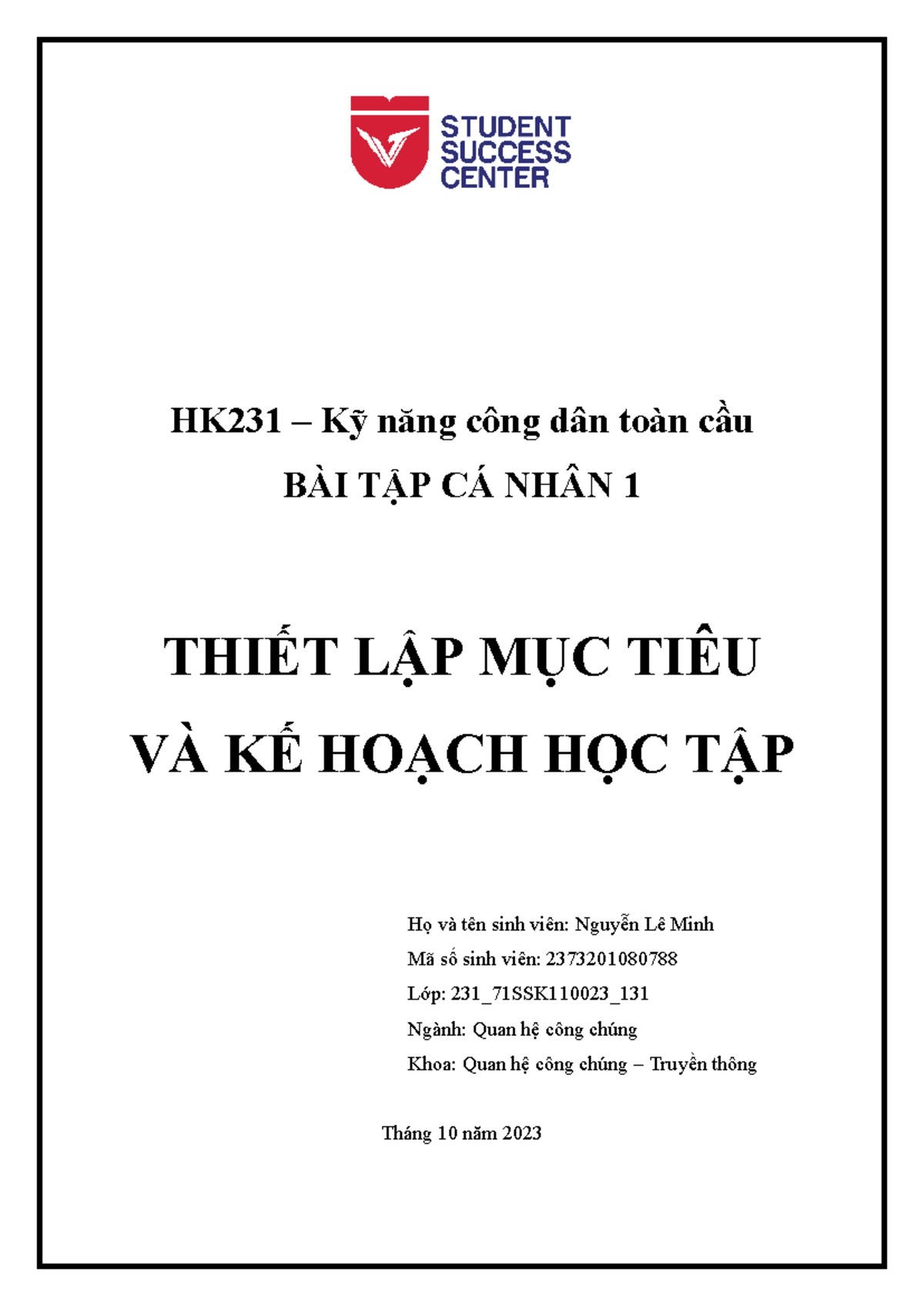 23732010 80788 - NGUYỄN LÊ MINH - HK231 – Kỹ năng công dân toàn cầu BÀI TẬP CÁ NHÂN 1 THIẾT LẬP ...