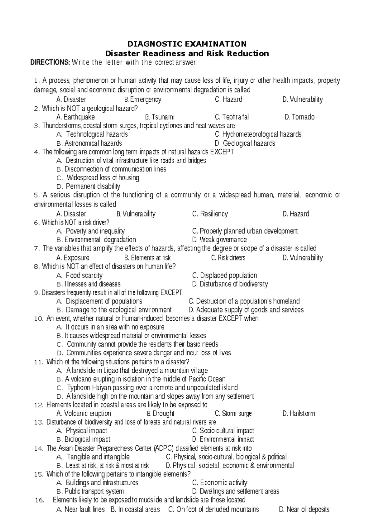 DRR EXAM - Practice Test - DIAGNOSTIC EXAMINATION Disaster Readiness ...