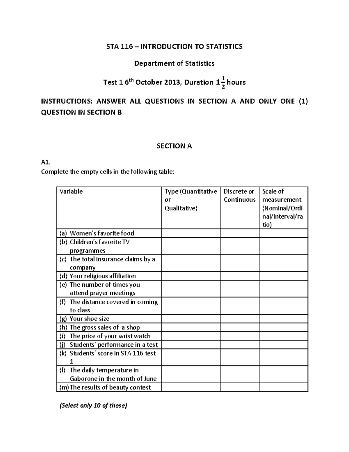 STA 116 Test1 2013 - TEST 1 - STA 116 – INTRODUCTION TO STATISTICS ...