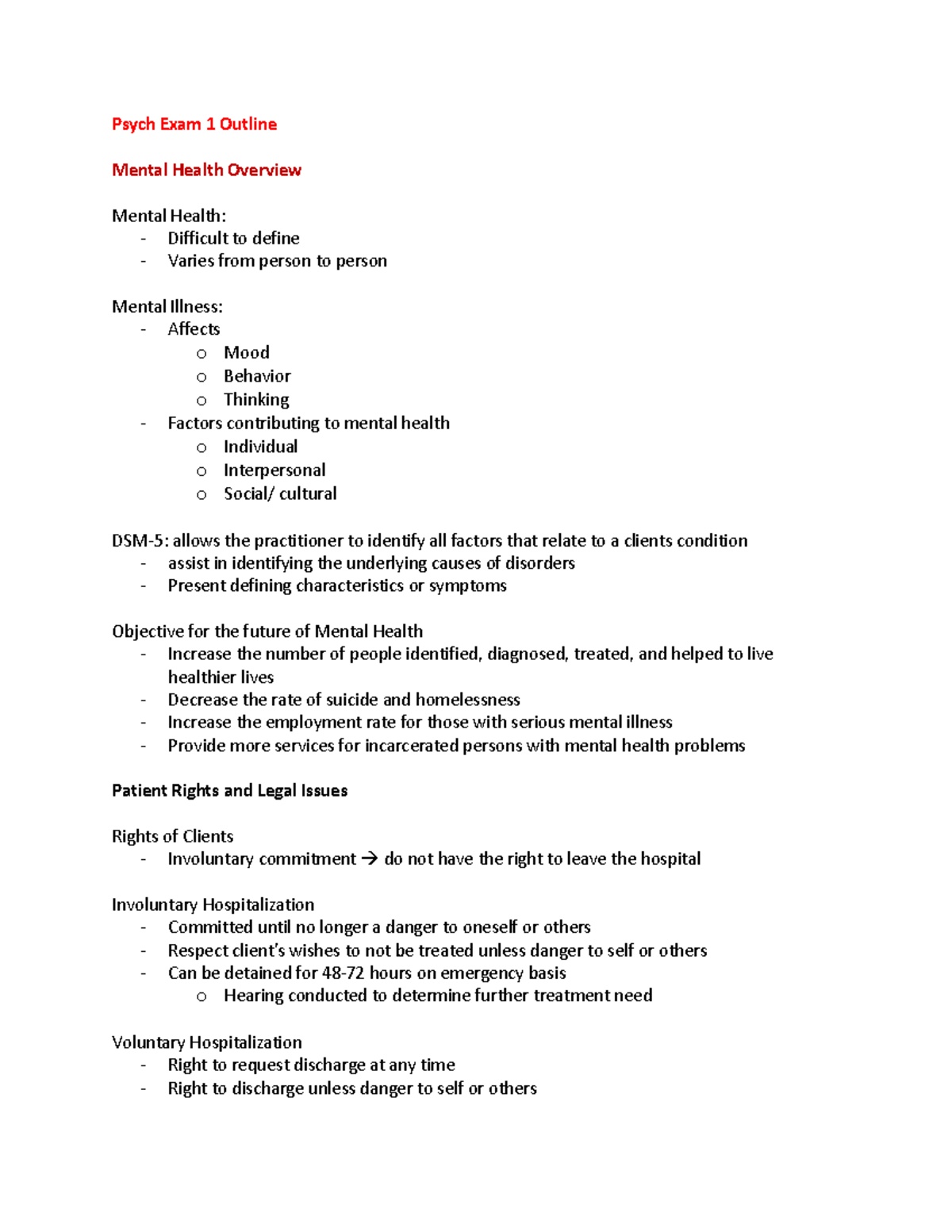 Psych Exam 1 Outline - Exam 1 - Psych Exam 1 Outline Mental Health ...