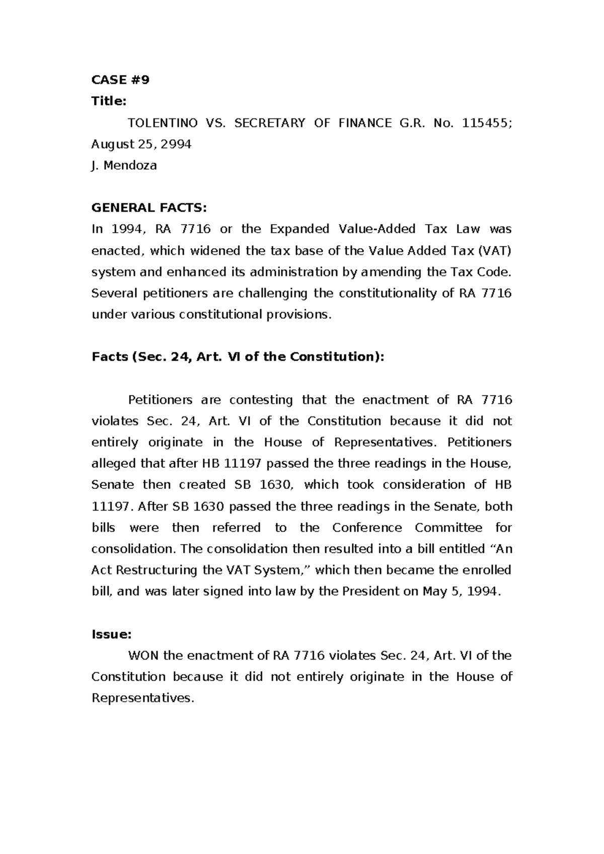 Taxation case digest - CASE Title: TOLENTINO VS. SECRETARY OF FINANCE G ...