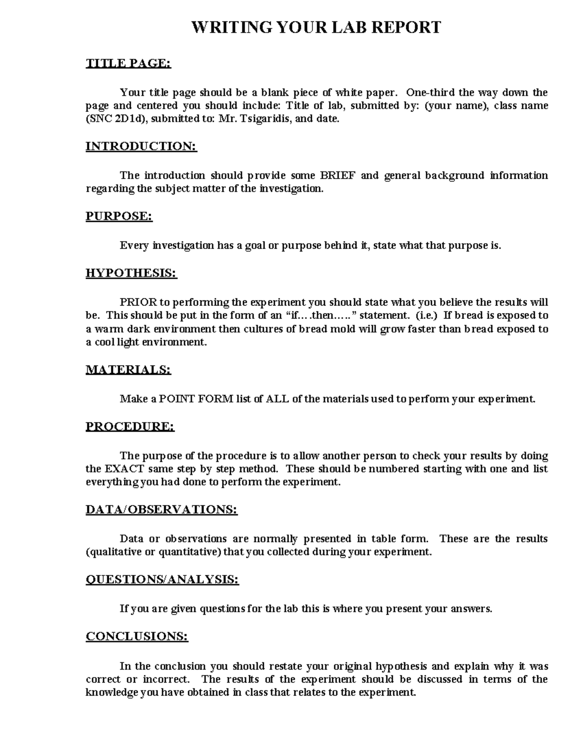 Lab outline - WRITING YOUR LAB REPORT TITLE PAGE: Your title page ...