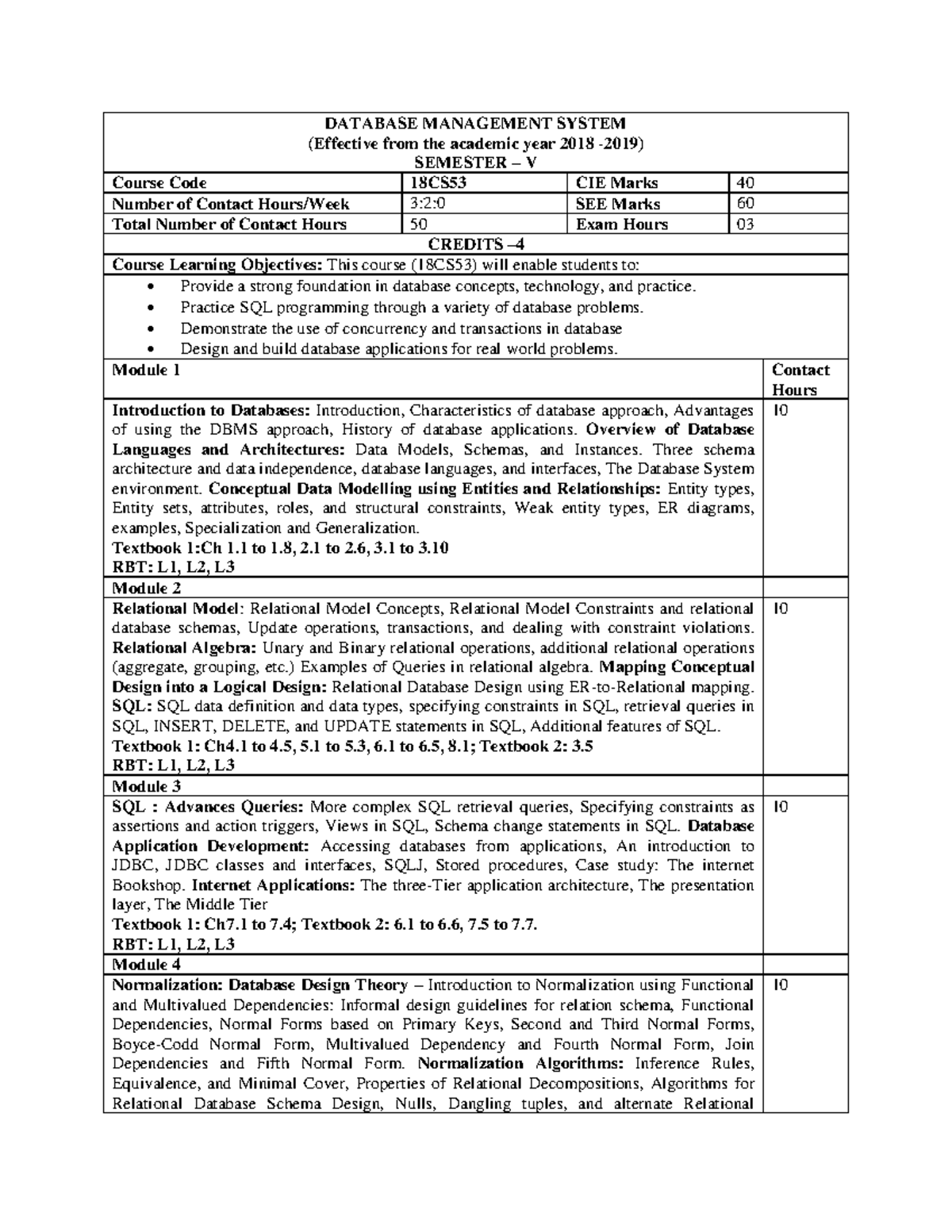 Dbms - syllabus - Required - DATABASE MANAGEMENT SYSTEM (Effective from ...