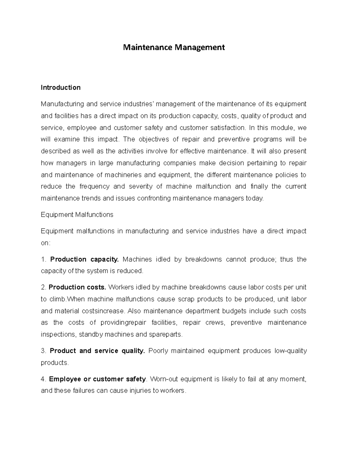 Lecture Notes - Maintenance Management - Maintenance Management ...