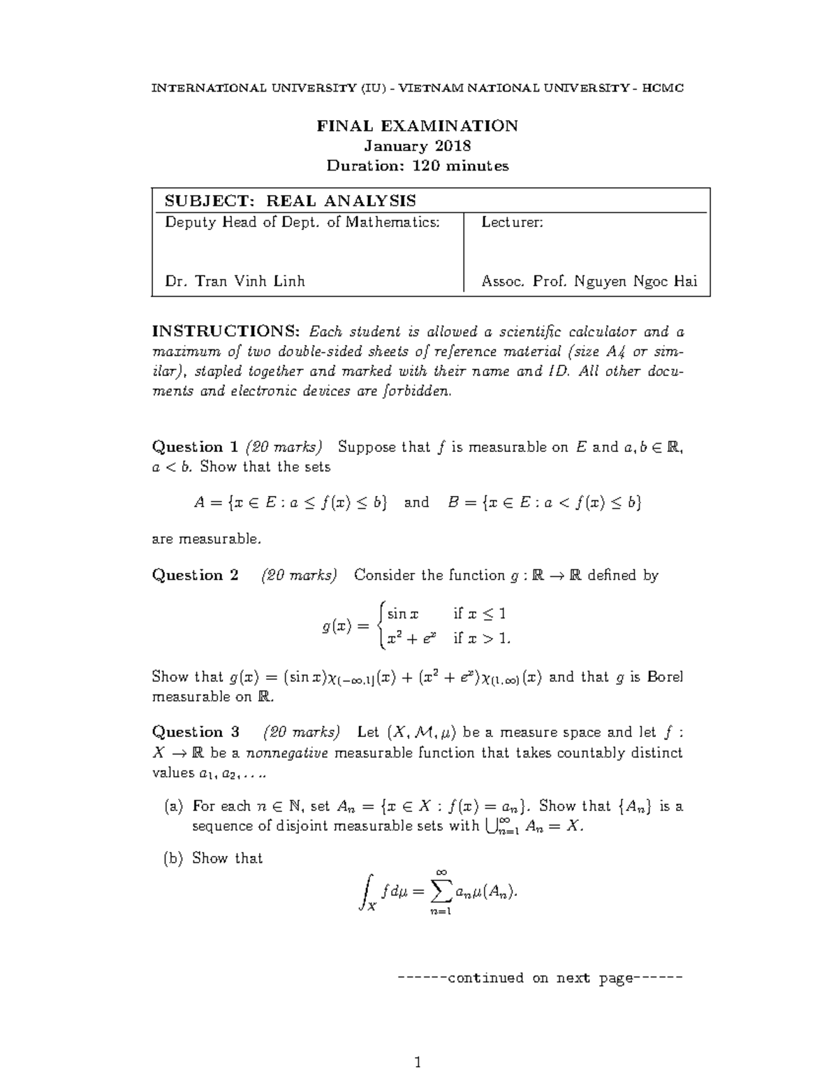 Real Anal Final Exam January 2018 International University Iu