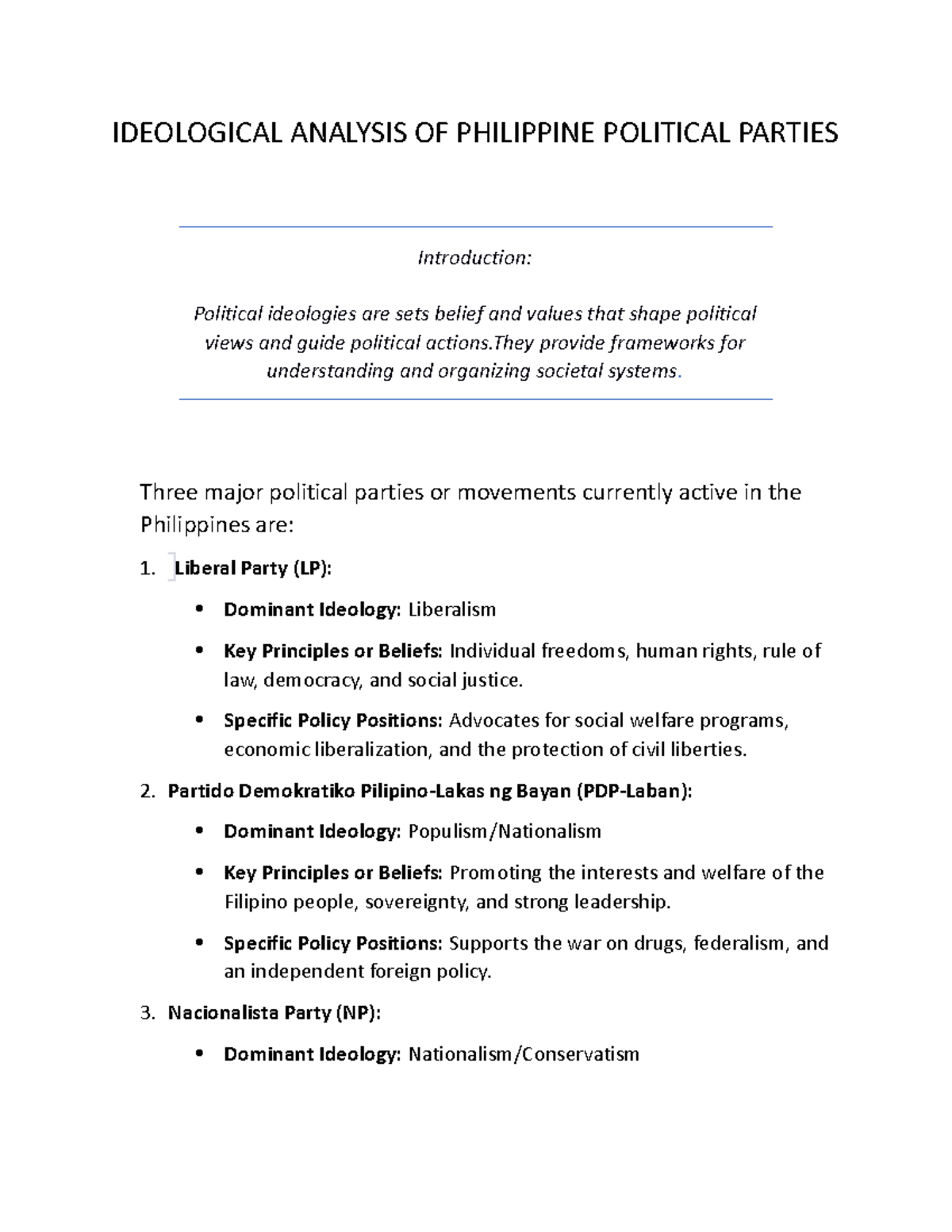 Ideological Analysis OF Philippine Political Parties - IDEOLOGICAL ...