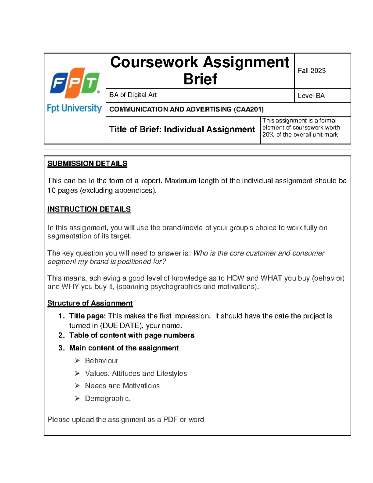 Individual Assignment Brief - FA23 - Coursework Assignment Brief Fall 2023 BA of Digital Art ...