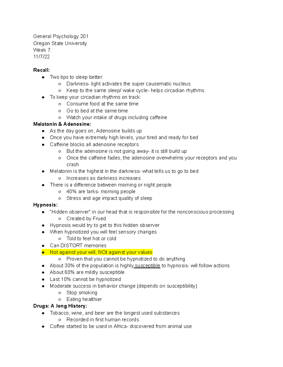 Psych Week 7 Notes - General Psychology 201 Oregon State University ...