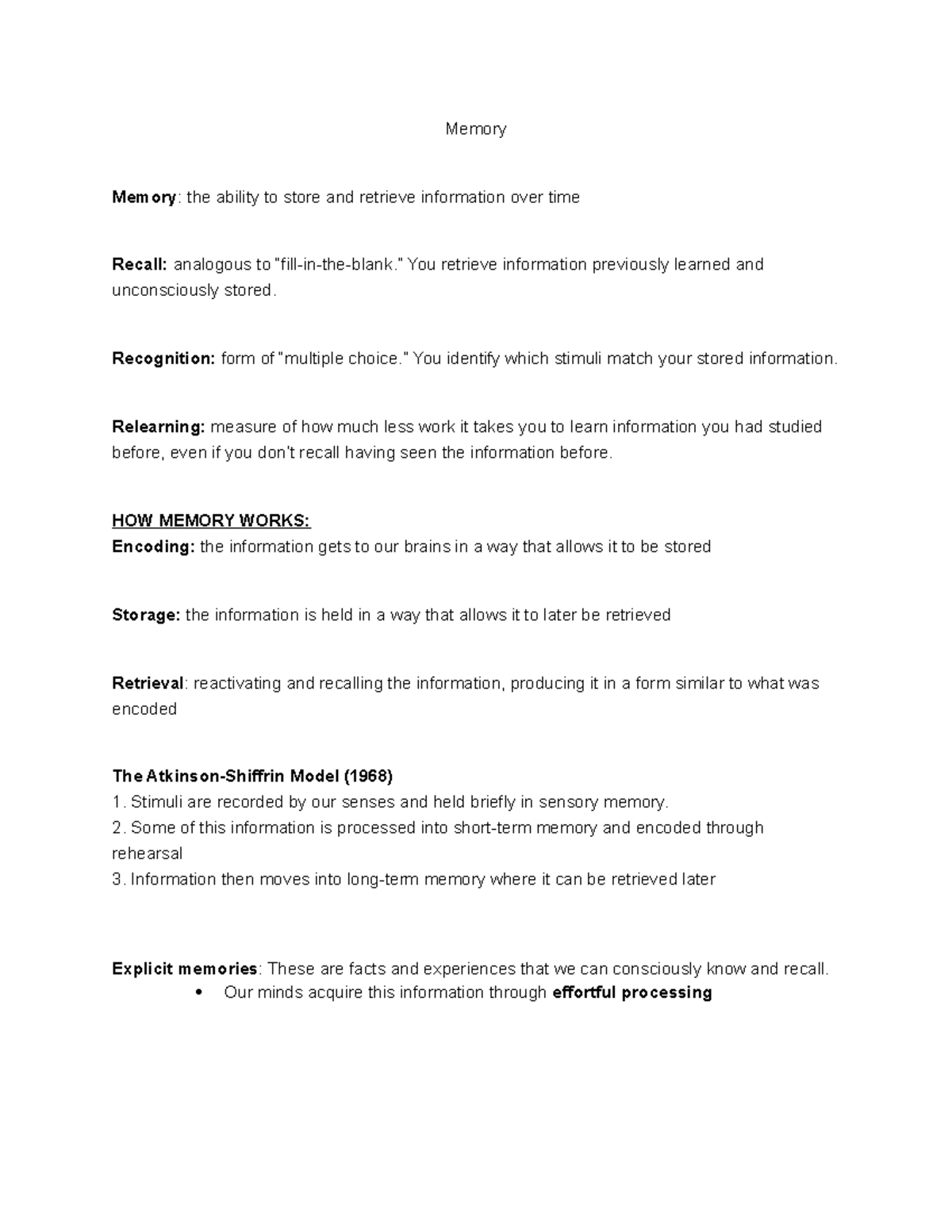 Psych 1100 chapter 6 memory - Memory Memory: the ability to store and retrieve information over ...