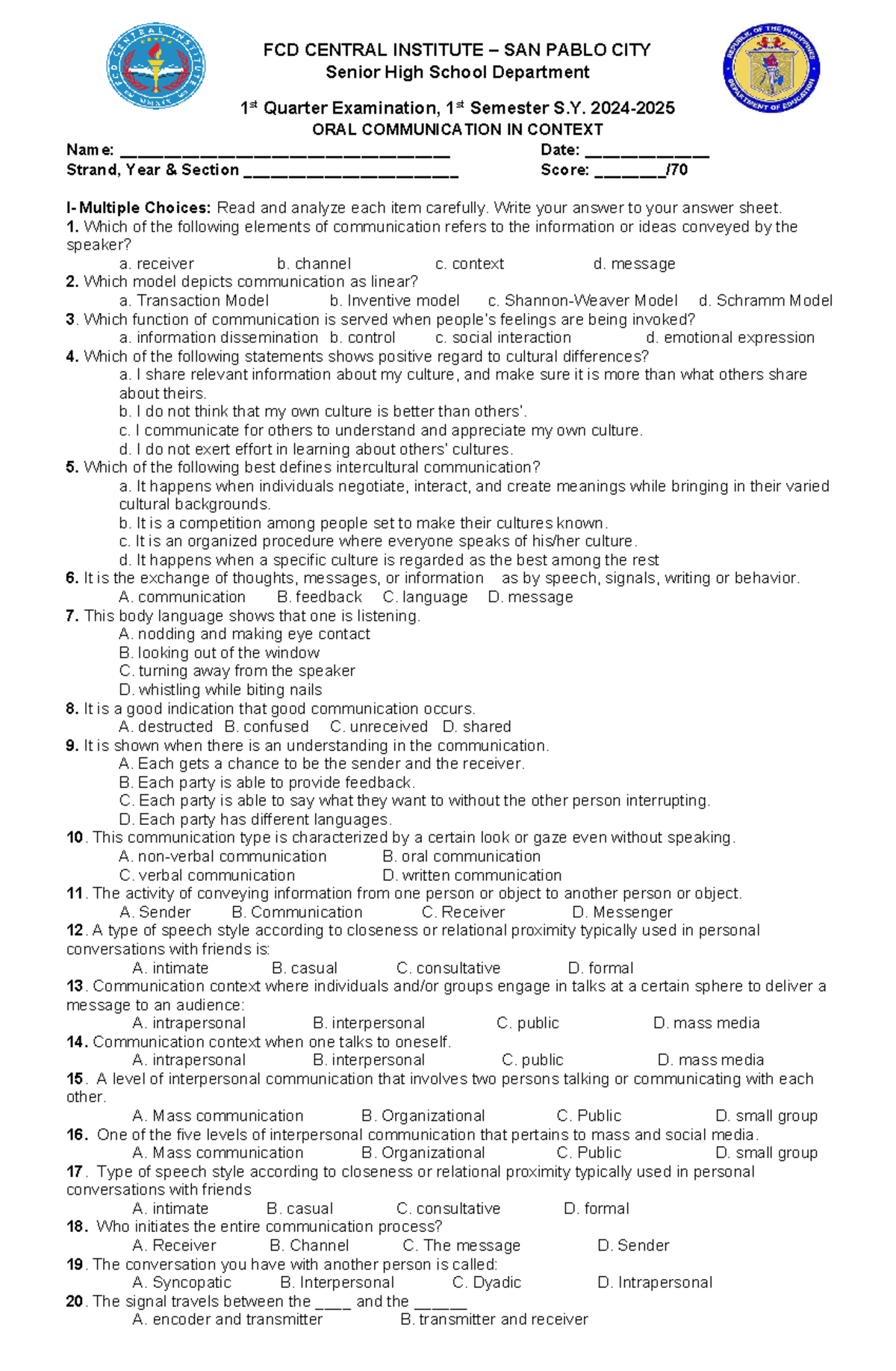 ORAL Communication - FCD CENTRAL INSTITUTE – SAN PABLO CITY Senior High ...