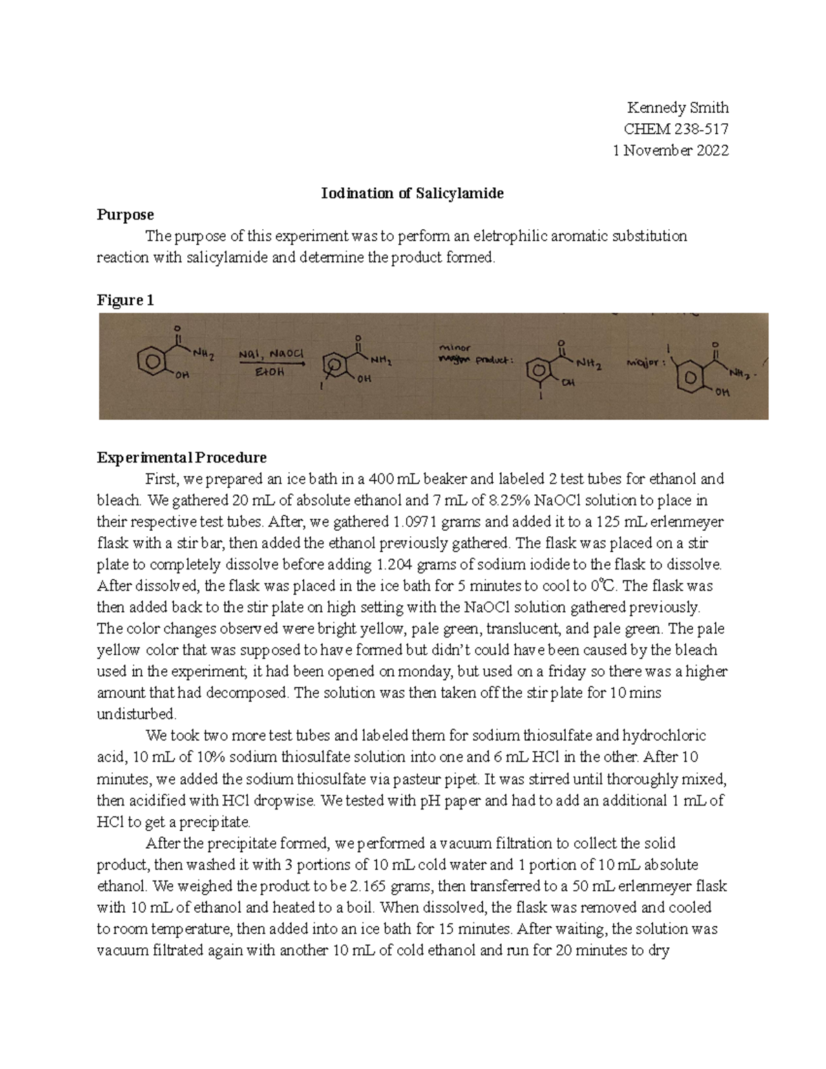 ELN Synthesis - Iodination of Salicylamide - Kennedy Smith CHEM 238- 1 ...