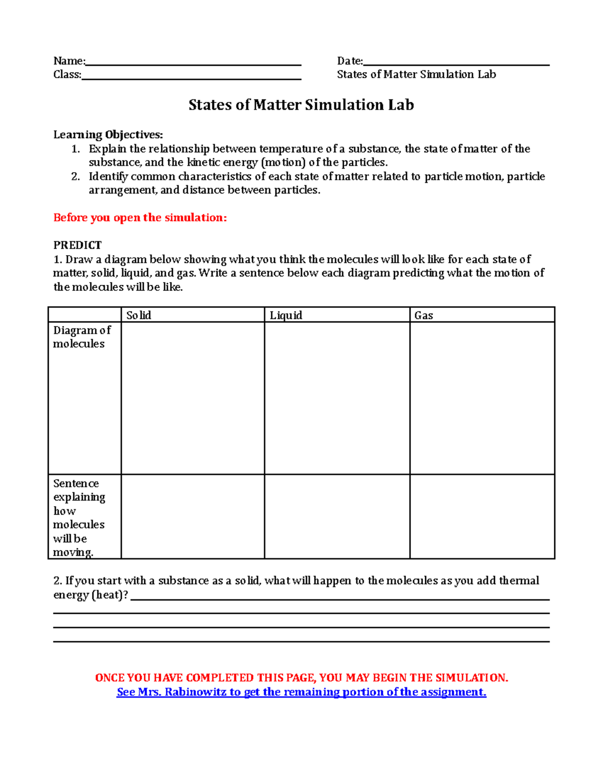 Ph ET LAB - States of Matter Simulation Part 1 - Name: Date: Class ...