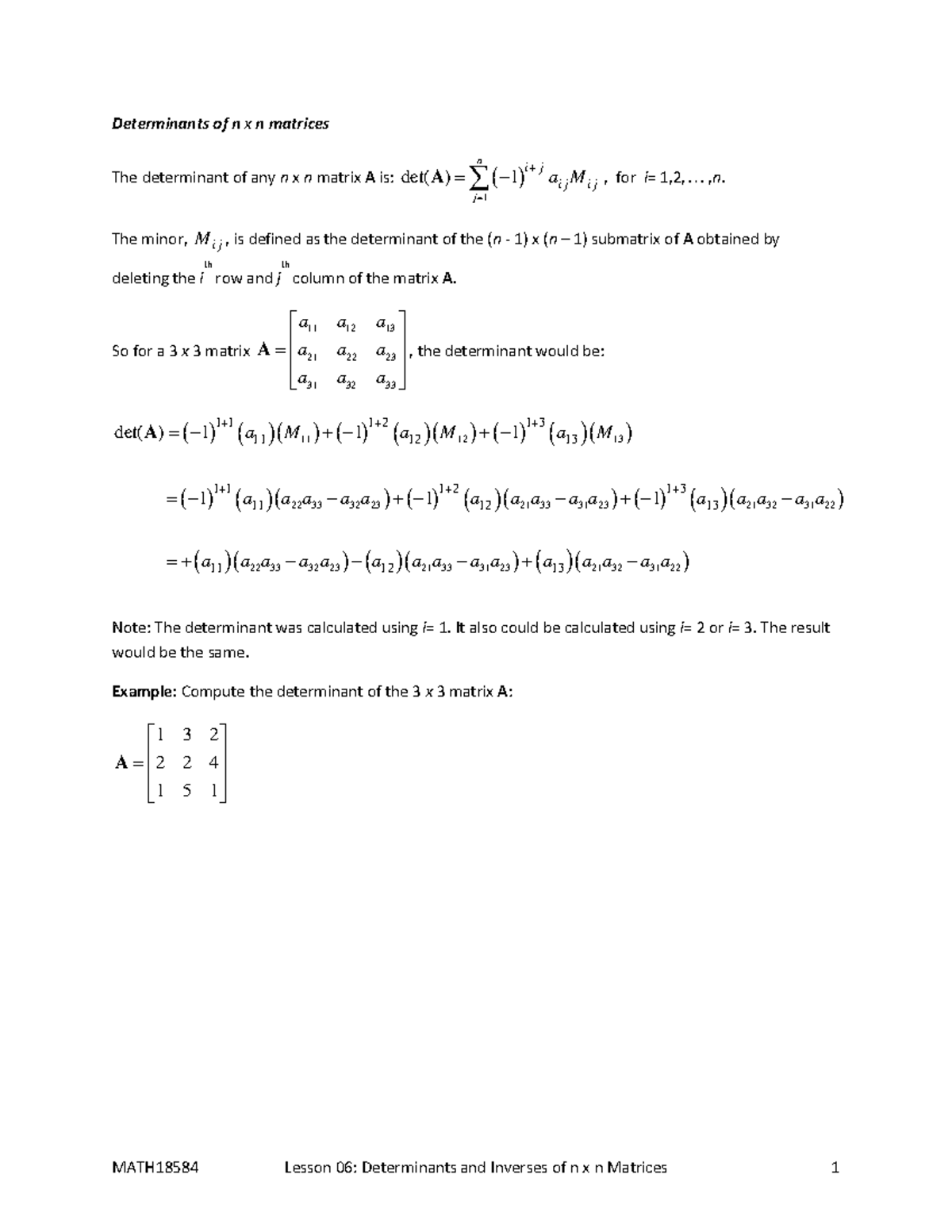 Lesson 24-4 06-Determinants and Inverses of n x n Matrices ...