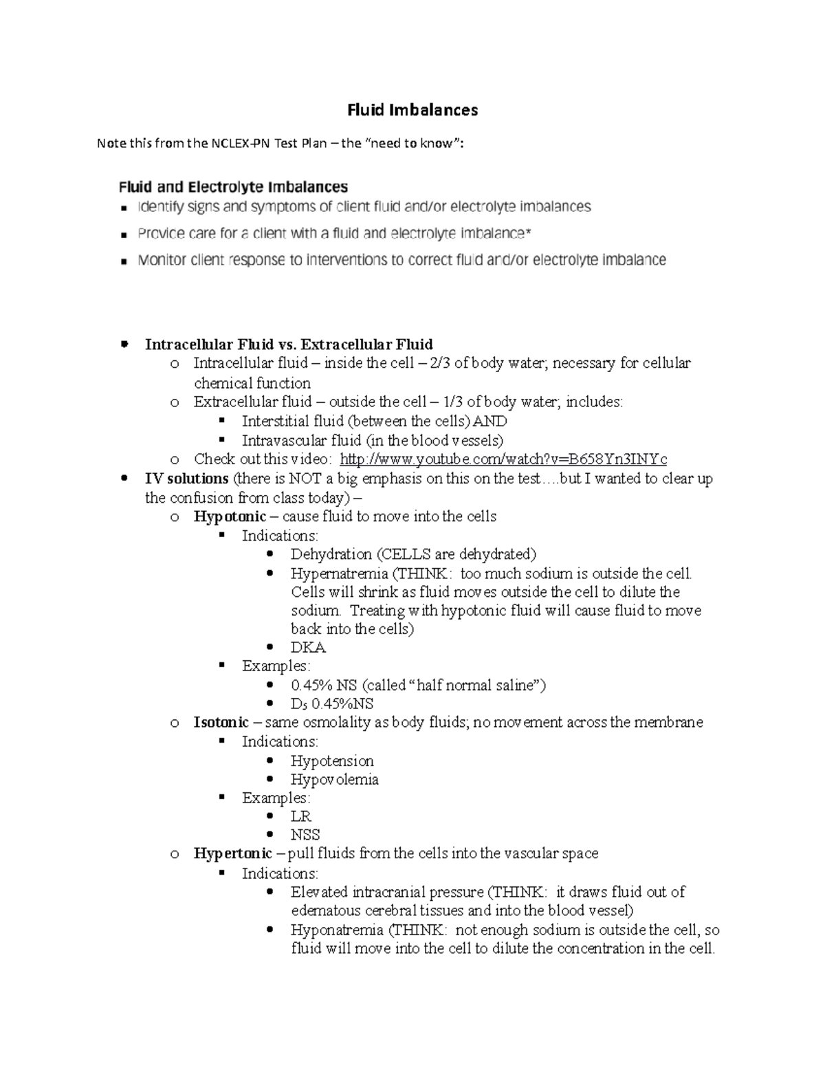 Fluid Imbalances worksheet - Fluid Imbalances Note this from the NCLEX ...