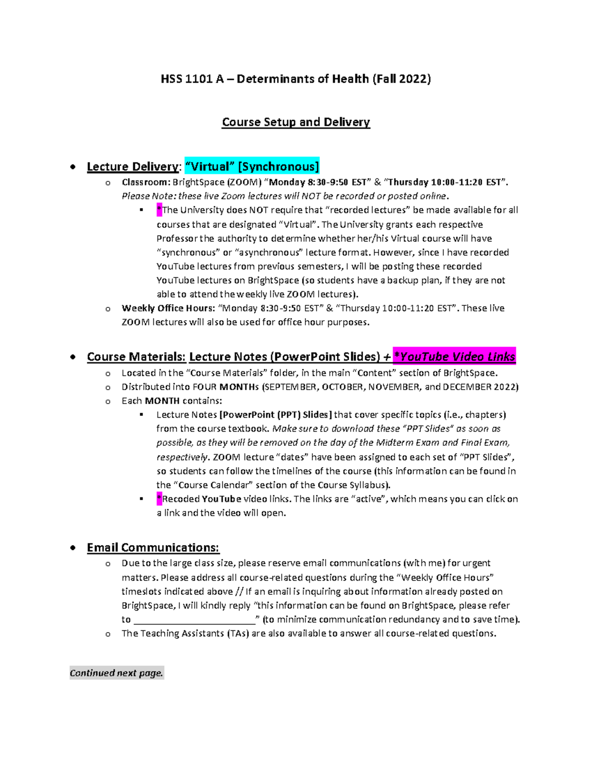 HSS 1101 A (Fall 2022) - Course Setup and Delivery - HSS 1101 A ...