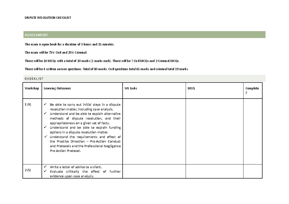 Checklist - DISPUTE RESOLUTION CHECKLIST ASSESSMENT The exam is open ...