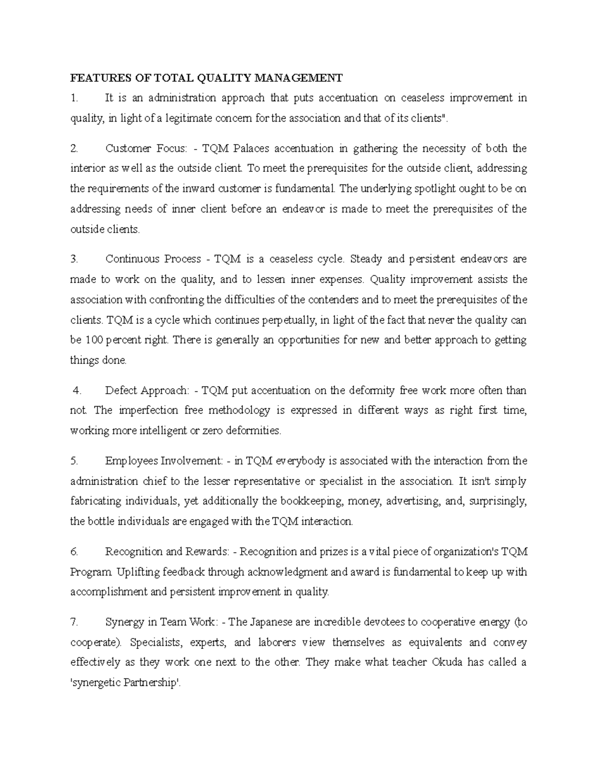 Features of Total Quality Management - FEATURES OF TOTAL QUALITY ...