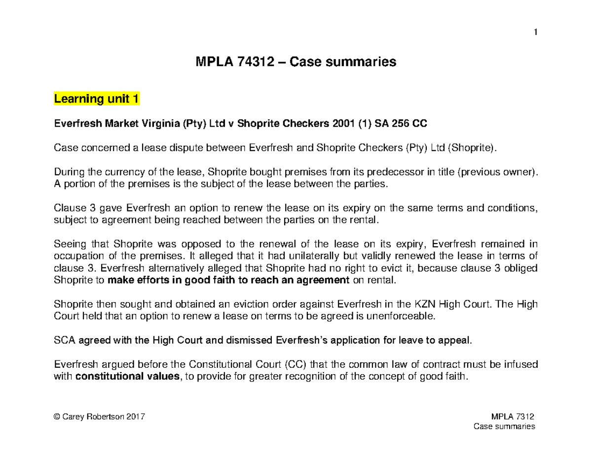 2018 - MPLA 7312 - Case summaries - © Carey Robertson 2017 MPLA 7312 ...