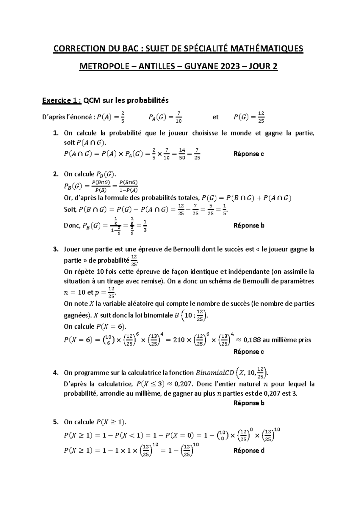 Spe mathematiques 2023 metropole 2 corrige - CORRECTION DU BAC : SUJET DE SPÉCIALITÉ ...