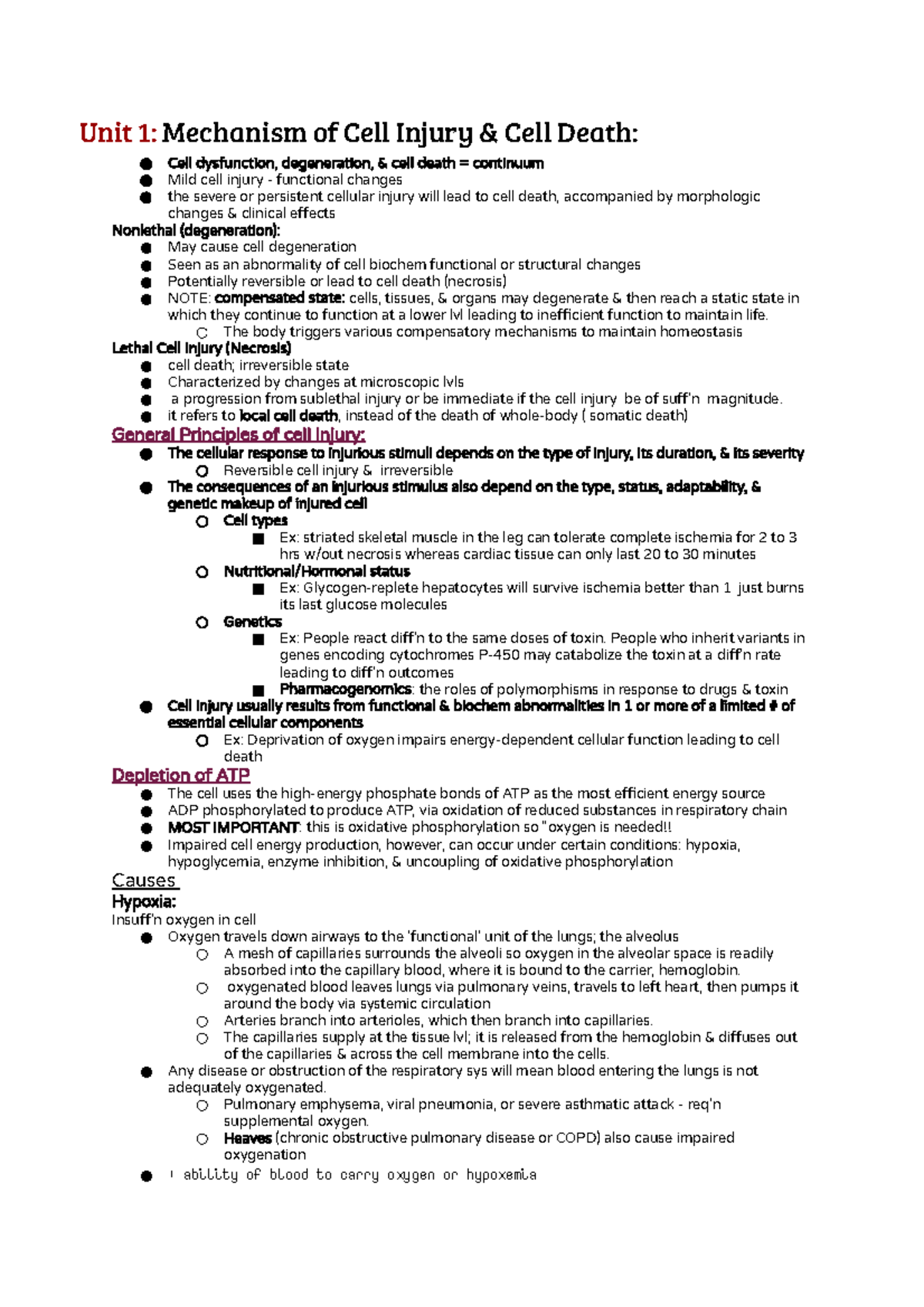 Unit 1 Mechanism of Cell Injury and Cell Death - Unit 1: Mechanism of ...