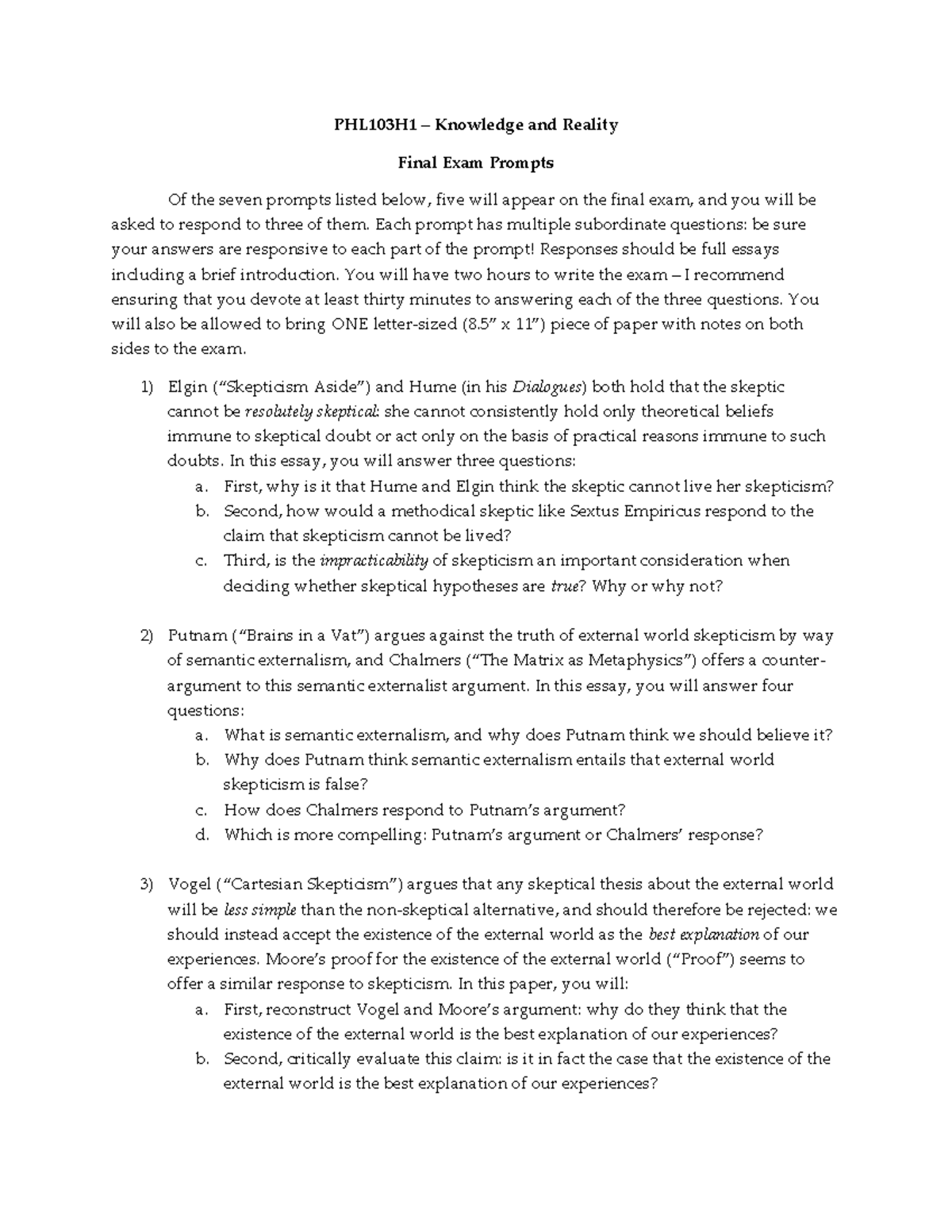 Final Exam Prompts - PHL103H1 – Knowledge and Reality Final Exam ...
